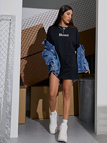 WDIRARA Women's Graphic Short Sleeve Drop Shoulder Oversized Tee Round Neck T Shirts Letter Print Black M