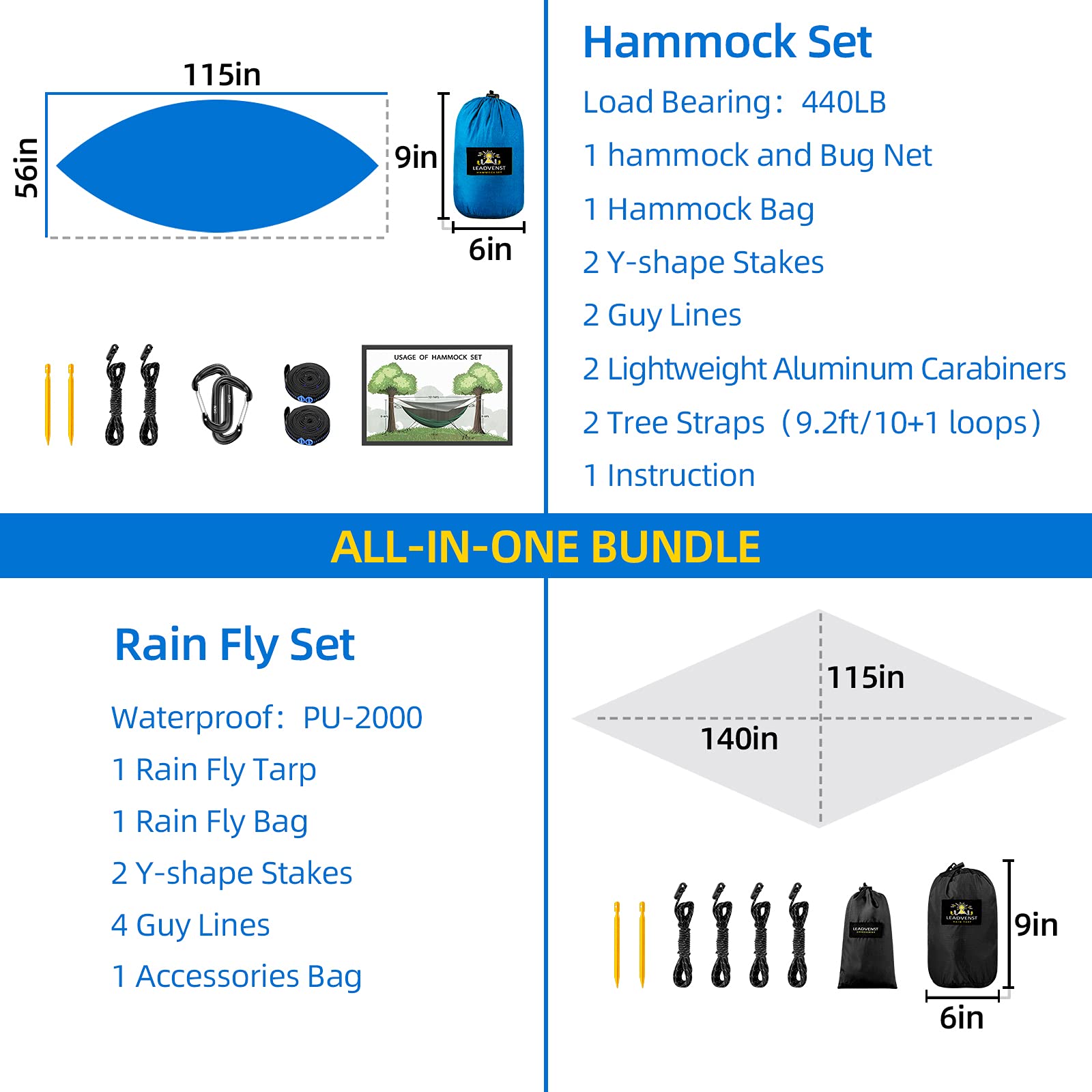 Camping Hammock - Portable Single Person Hammock w/Tree Straps Mosquito Net Rain Fly - Lightweight Travel Hiking Backpacking Hammocks - Parachute Nylon Hammock - Camping Accessories Gear Blue