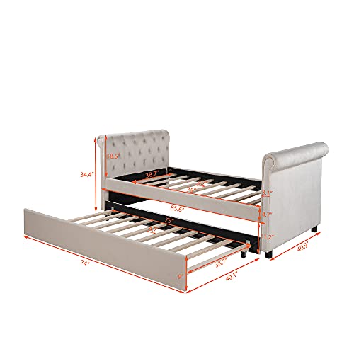Harper & Bright Designs Twin Daybed with Trundle Bed, Twin Size Upholstered Daybed with Wood Slat Support, Upholstered Tufted Sofa Bed, No Box Spring Needed (Twin, Beige)