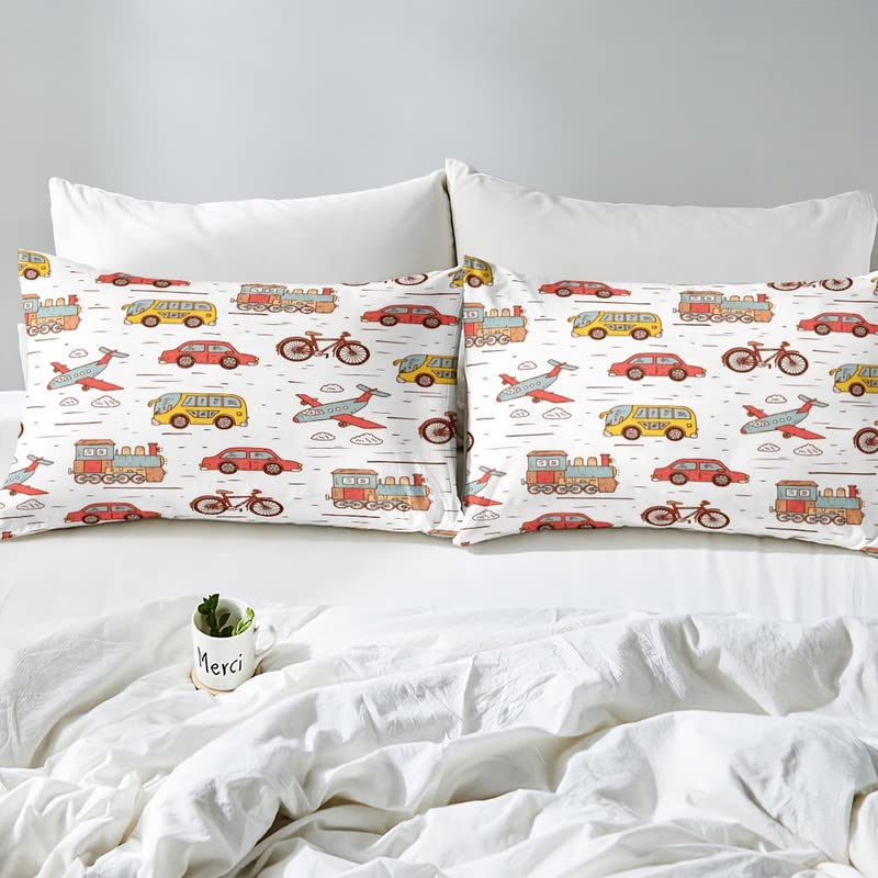 Feelyou Cartoon Car Bed Sheets Set Kids Train Airplane Print Sheet Set Boys Girls Decor Bus Bicycle Rider Sheets with Deep Pocket Fitted Sheet Microfiber Aircraft Red Bedding Set Bedroom Queen