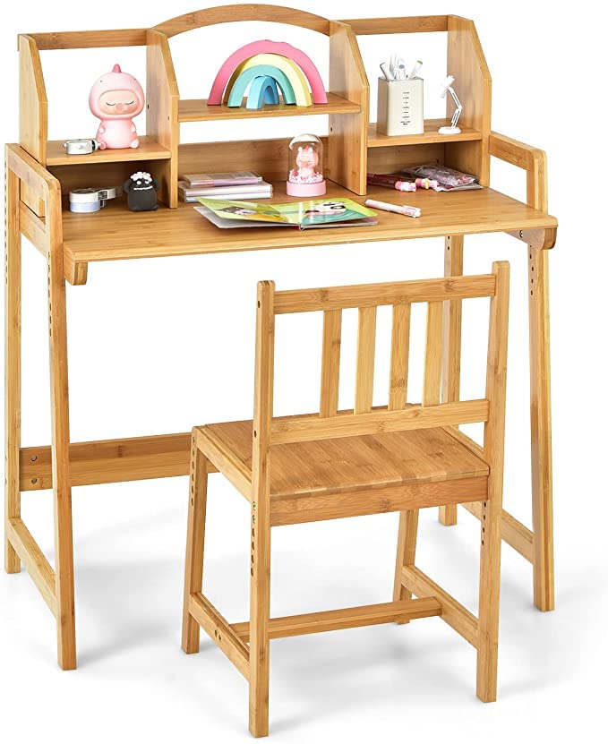UNICOO - Bamboo Height Adjustable Kids Desk and Chair Set, Children Desk, Kids Study Table and Chair Set (Nature 01)