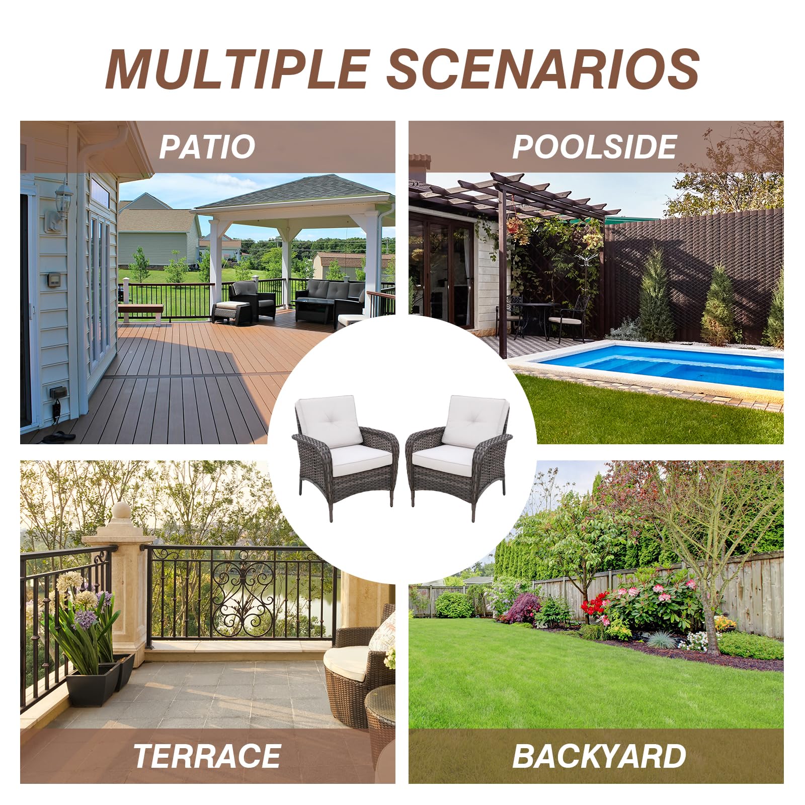 COOS BAY 2-Piece Outdoor Wicker Patio Chair, 2pc PE Rattan Dining Chairs for Garden, Lawn, Deck, Backyard, Beige/Brown