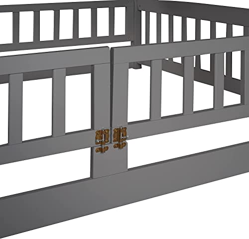 Harper & Bright Designs Low Bunk Beds Full Over Full, Wood Kids Bunk Bed with Slide, Fence and Ladder, Full Size Bunk Beds for Girls Boys, Grey