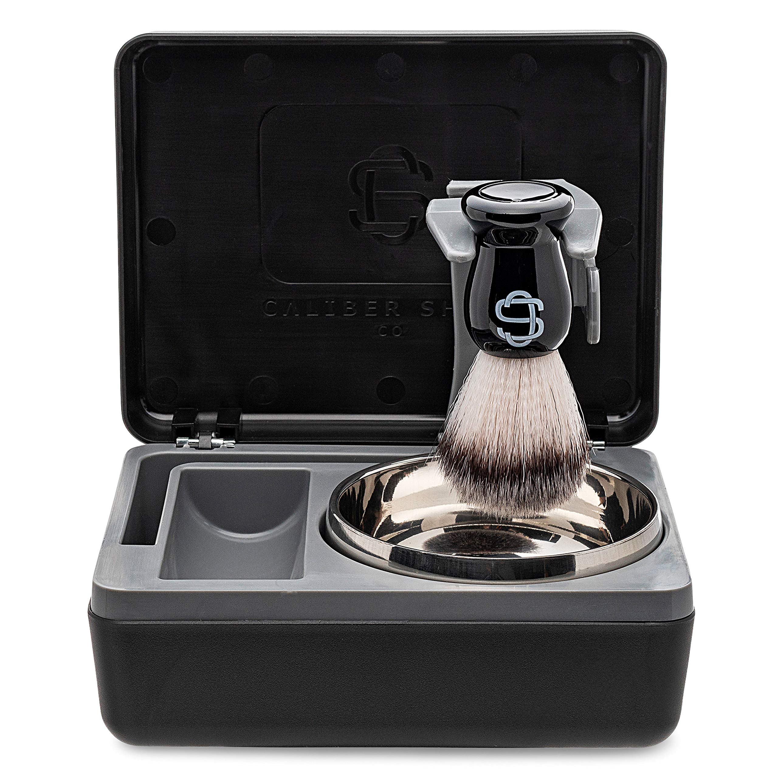 Caliber Shave Co. Travel Wet Shaving Kit | Includes Durable Case With Rotating Stand, Wet Shave Brush Made With Synthetic Material, And Aluminum Shave Bowl With Lid