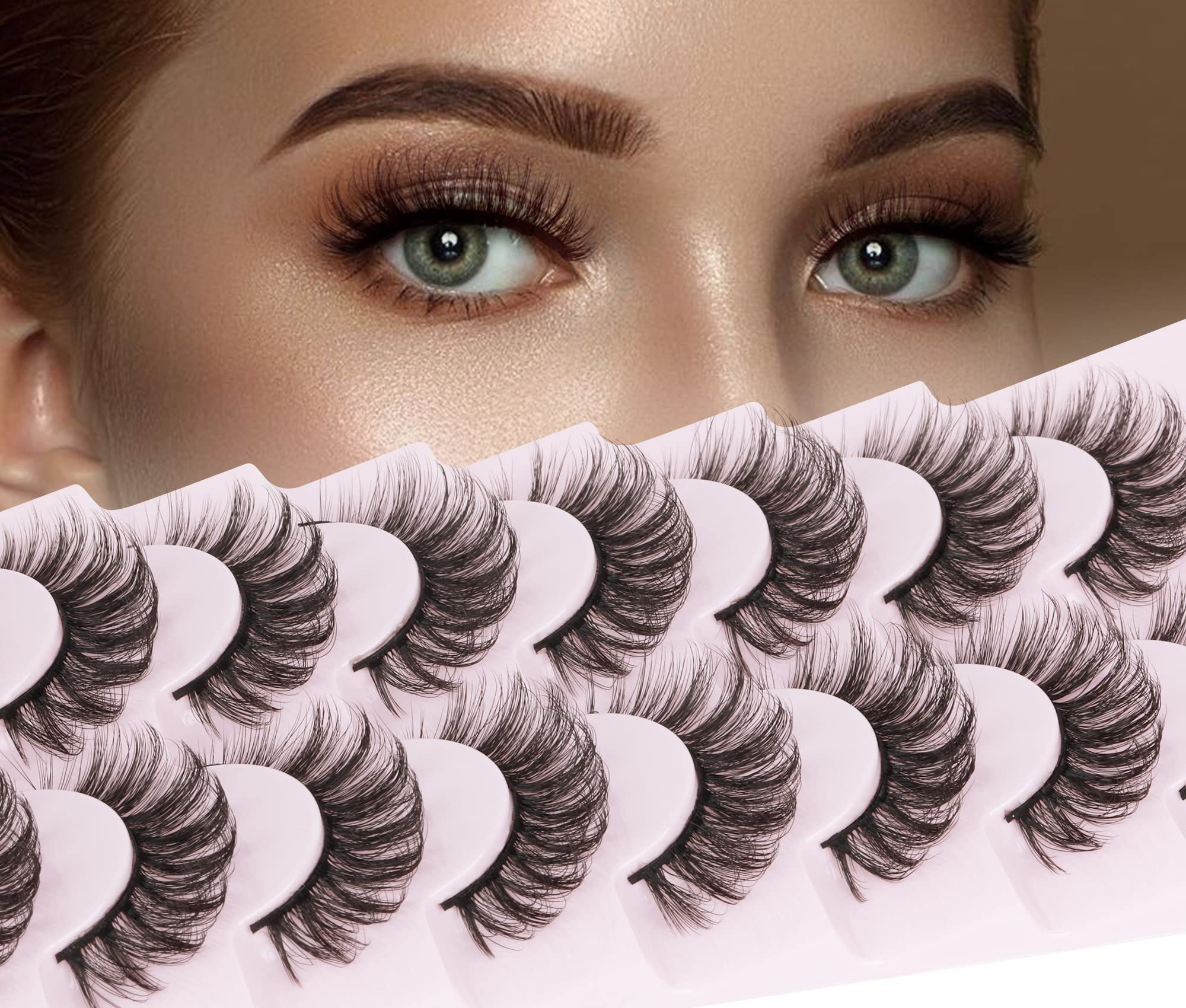 False Eyelashes Fluffy Mink Lashes Natural Wispy Medium Volume Eye Lashes 16MM C Curl Strip Lashes Extensions 8 Pairs Pack by Yawamica