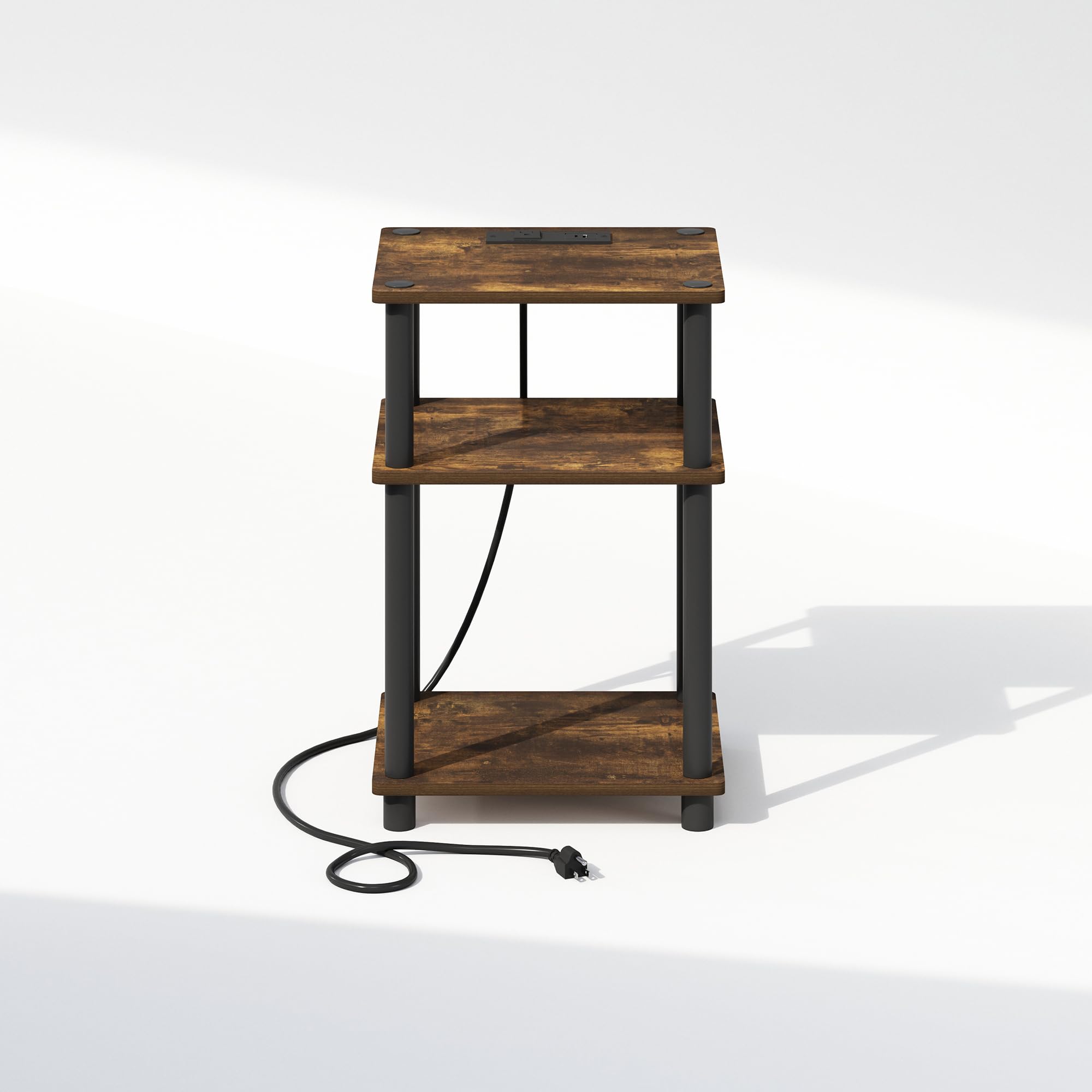Furinno Just 3-Tier Turn-N-Tube Open Storage Nighstand, Bedside Table with USB and Type-C Charging Station, Amber Pine/Black