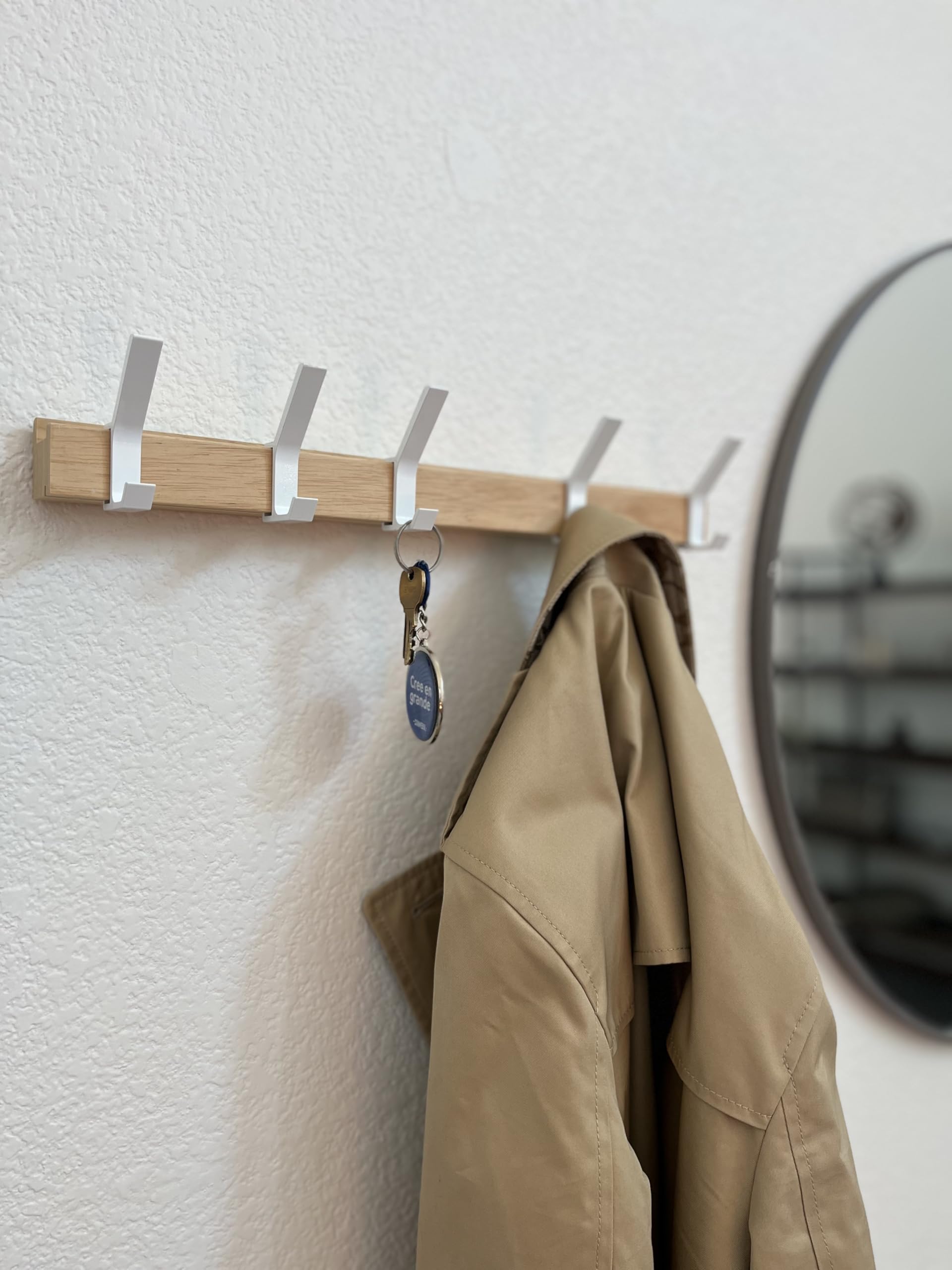 Generic Moderm Wall-Mounted Coat Hook Rail with 5 Double Hooks, 15-Inch Aluminum and Metal for Coats, Hats, Towels, and Robes (White). Natural Wood (Lacquer Coating); Hook: Aluminum (x 5)
