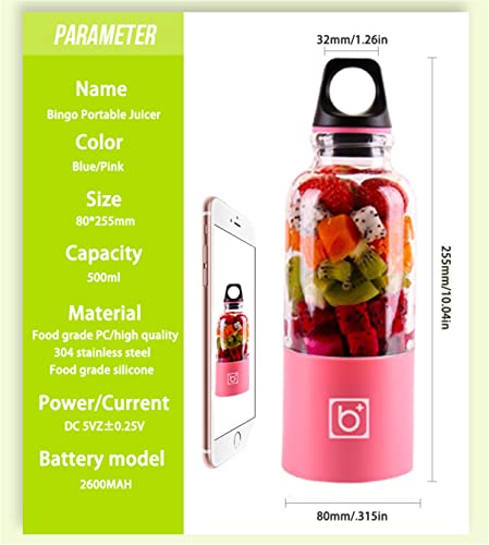 Portable Blender, Personal Blender for Shakes and Smoothies, Rechargeable USB High Speed 4-Blades Fresh Fruit Mixer Mini Juicer Cup,Handheld Blender for Sports Travel and Outdoors Pink