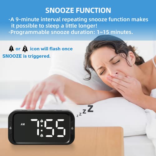 Searon Alarm Clock for Bedroom - Digital Desk Clock for Kids Dimmable LED Display, Dual Loud Alarms, Programmable Snooze, 12/24H, DC 5V/1A USB Port Charger - 5.6 x 2 x 2.8 Inches