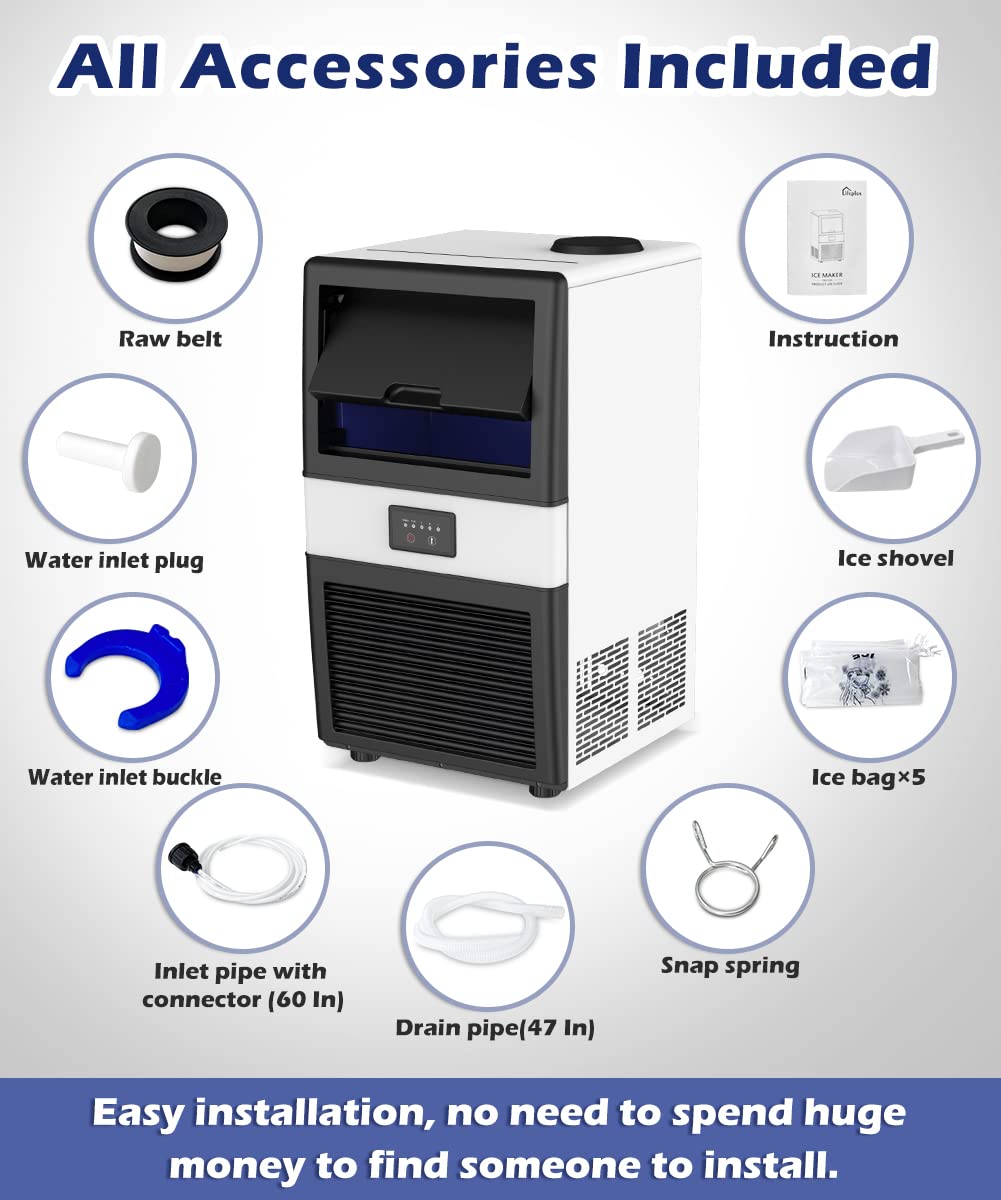 Commercial Ice Maker Machine, 70 LBS/24H Under Counter Large Ice Machine w/ 10 LBS Capacity Ice Storage Bin, 2 Water Inlet Modes, Freestanding & Built in Ice Maker for Bar/Home/Office/Shop, White