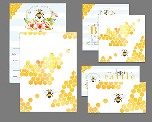 Bumblebee Baby Shower Invitation Bundle (25 Guests) Pack Includes Diaper Raffle Tickets, Bring a Book Cards, Blank Invites with Envelopes - Bee Theme Gender Reveal
