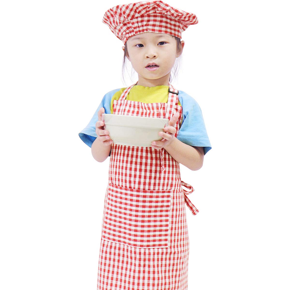 Kids Chef Hat Apron Set, Cute Children Baby Baking Gingham Aprons with Adjustable Neck Strap and Pockets for Boys and girls Cooking Baking Painting Gardening Aprons in 2 Sizes (Red Gingham, Small)