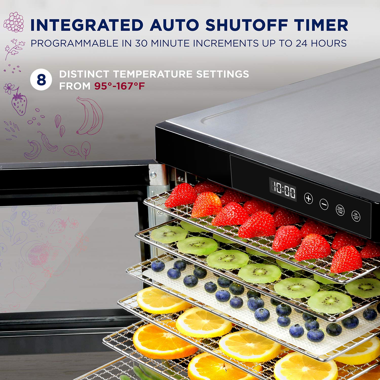 Ivation 6 Tray Commercial Food Dehydrator Machine |600w, Easy Setup, Digital Adjustable Timer and Temperature Control | Dryer for Jerky, Herb, Meat, Beef, Fruit and To Dry Vegetables | Stainless Steel