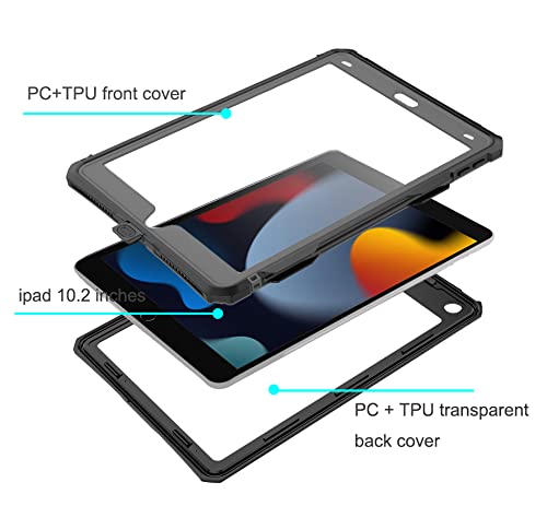 MRUOZRUI 10.2 Waterproof Case Compatible with iPad 9th 8th 7th Generation 2021/2020/2019, Built-in Screen Protector with Strap Stand Pencil Holder, Full Body Heavy Duty Protective Shockproof
