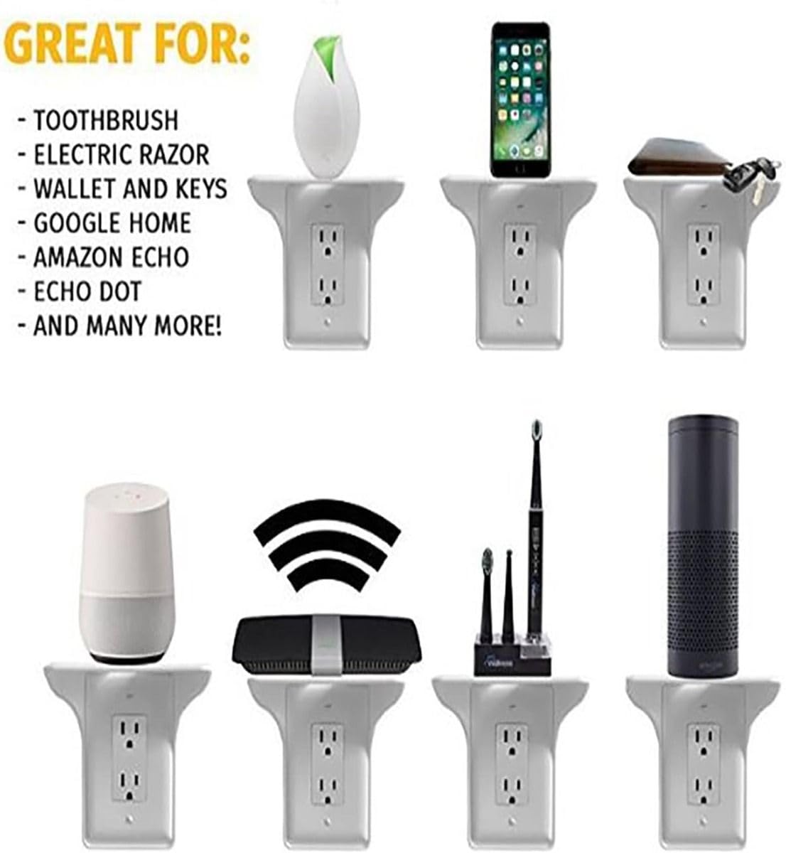 GENERIC Outlet Shelf Wall Holder,Bathroom Wall Shelf up to 10lbs Standard Vertical Duplex Wall Shelf Organizer for Smart Home Decor Space Saving Power Tools, Toothbrush, White, Z5149