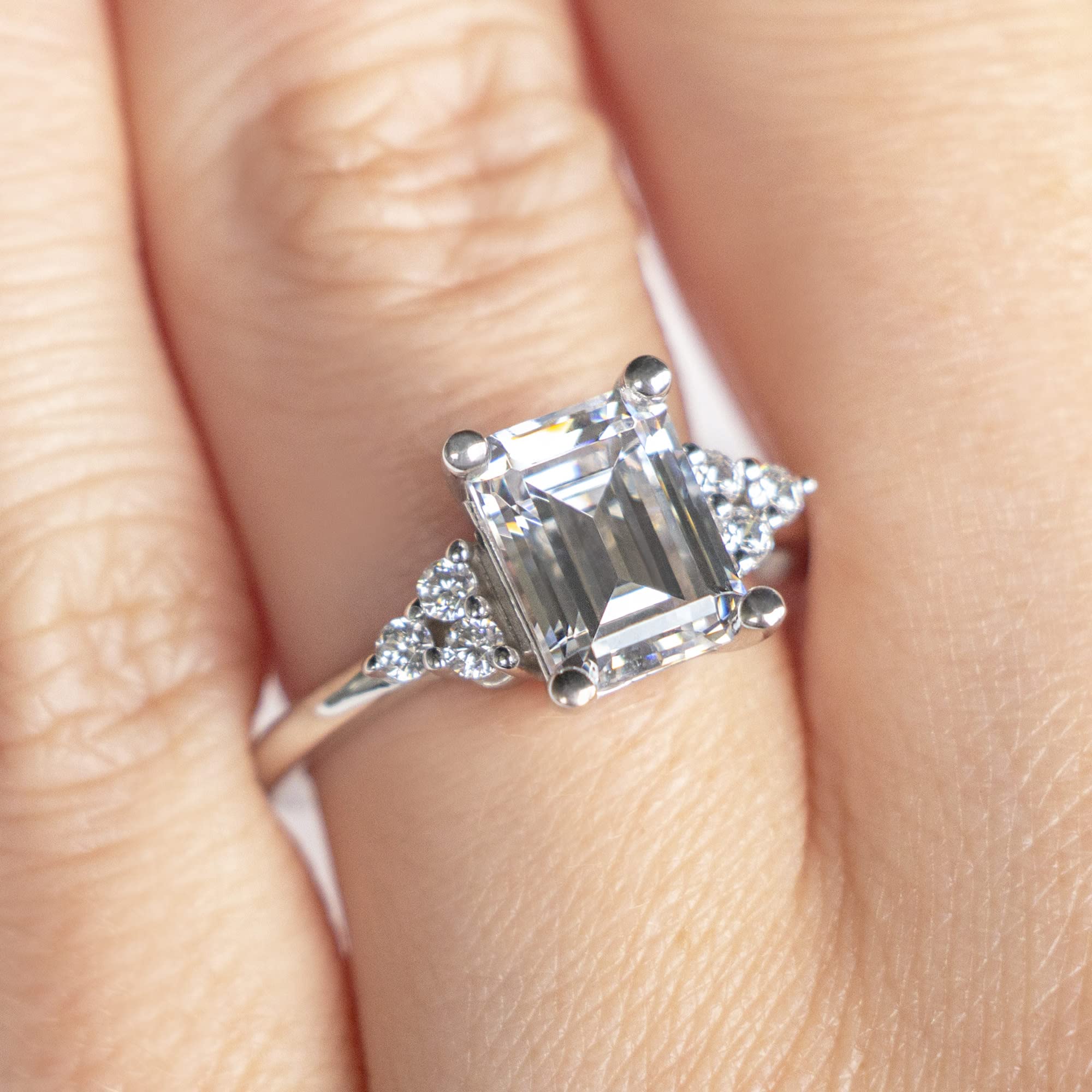 Diamond Nexus Moissanite Muse Emerald Cut Engagement Ring 1 Ct. DEW Center Emerald Cut Wedding Jewelry, F-G Color, VVS 1 Clarity, Solid 14K White Gold, Ring Size 4