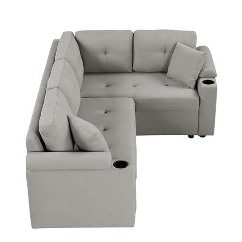 FANYE L-Shape Plush Tufted Upholstered Sleeper Sectional Sofa Convertible Sleep Sofabed W/Pull Out Couch Bed,Cupholders,USB Charging Ports and Power Sockets for Living Room