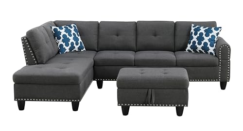 FANYE L-Shaped Sectional Sofa with Right Chaise & Nailhead Decor,Modern Faux Leather Tufted Upholstered Corner Sofa&Couch W/Cup Holders and Storage Ottoman for Home Apartment Office Living Room