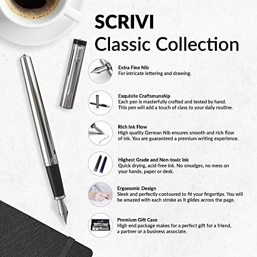 SCRIVI PENS Fountain Pen Set [Extra Fine Nib], Classic Collection; Gift Case; 2 Ink Cartridges, Ink Refill Converter, Calligraphy, Smooth Writing Pens [Silver Chrome Trim], Perfect for Men and Women