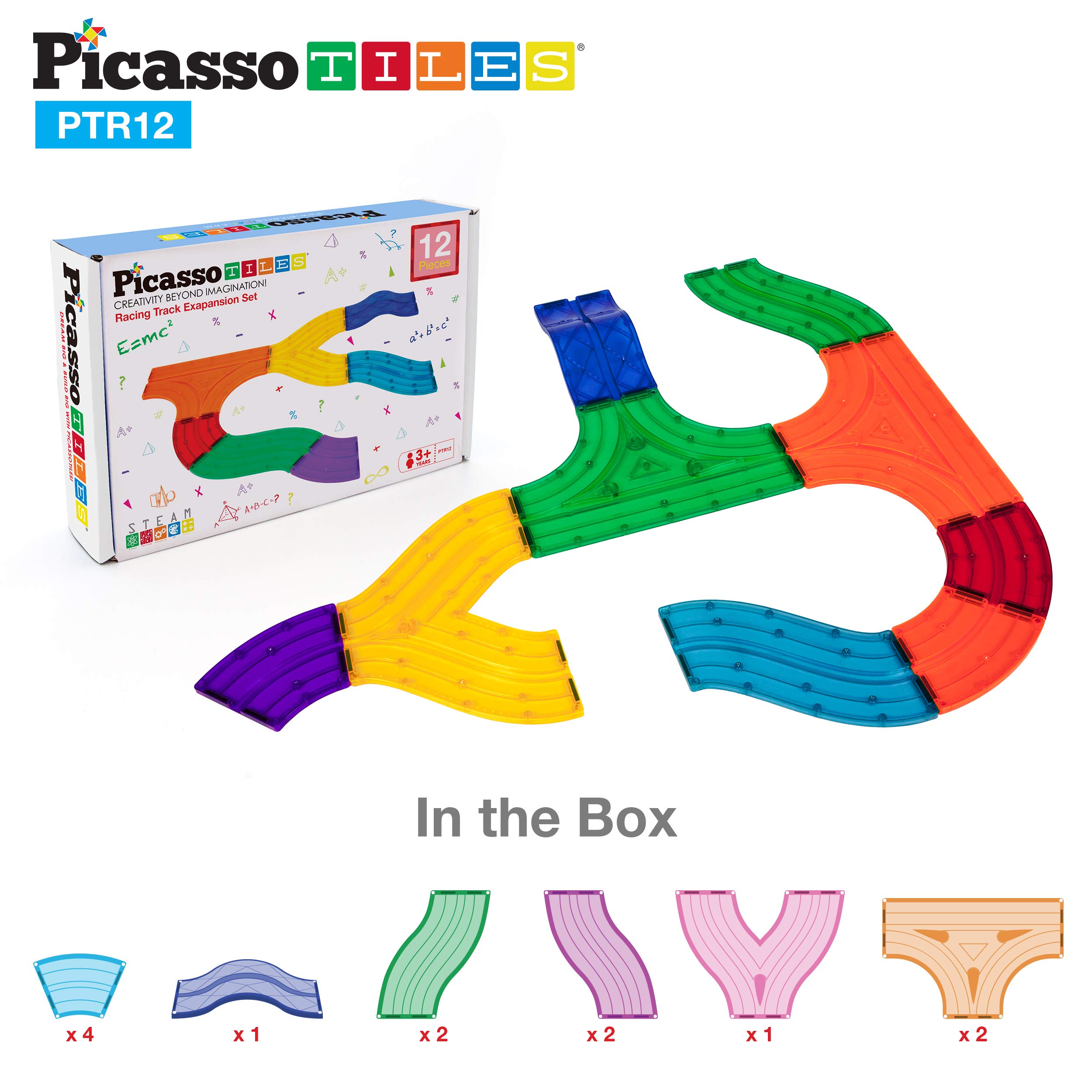 PicassoTiles 12 Piece Race Track Add-On Magnetic Building Block Set Magnet Tiles Construction Toy STEM Learning Kit Early Education Kids Toys Playset Pretend Play Blocks Child Brain Development PTR12