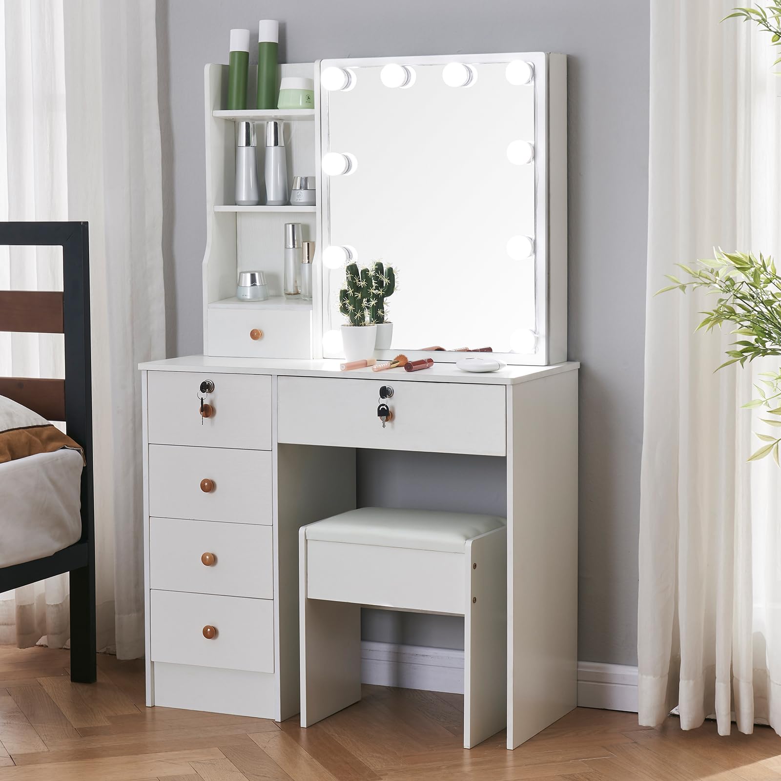 Caulitar Modern Vanity Desk with Mirror and Lights, White Vanity Desk with Stool and 4 Storage Drawers, Bedroom Makeup Vanity for Women Girls