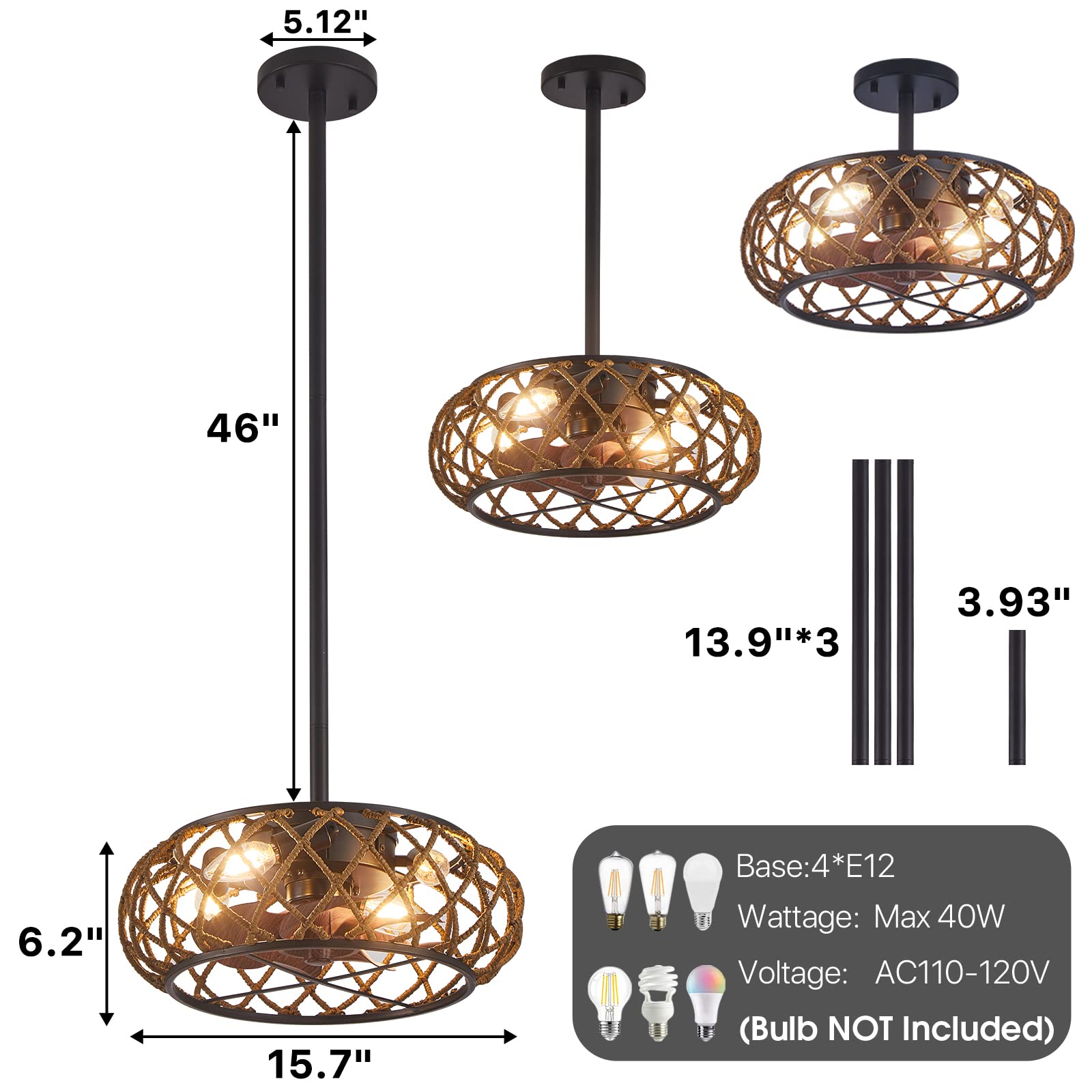 Buevea Caged Ceiling Fans with Lights Remote Control, 16'' Farmhouse Rattan Low Profile Ceiling Fan with Lights, Small Bladeless Celling Fan for Bedroom, Kitchen