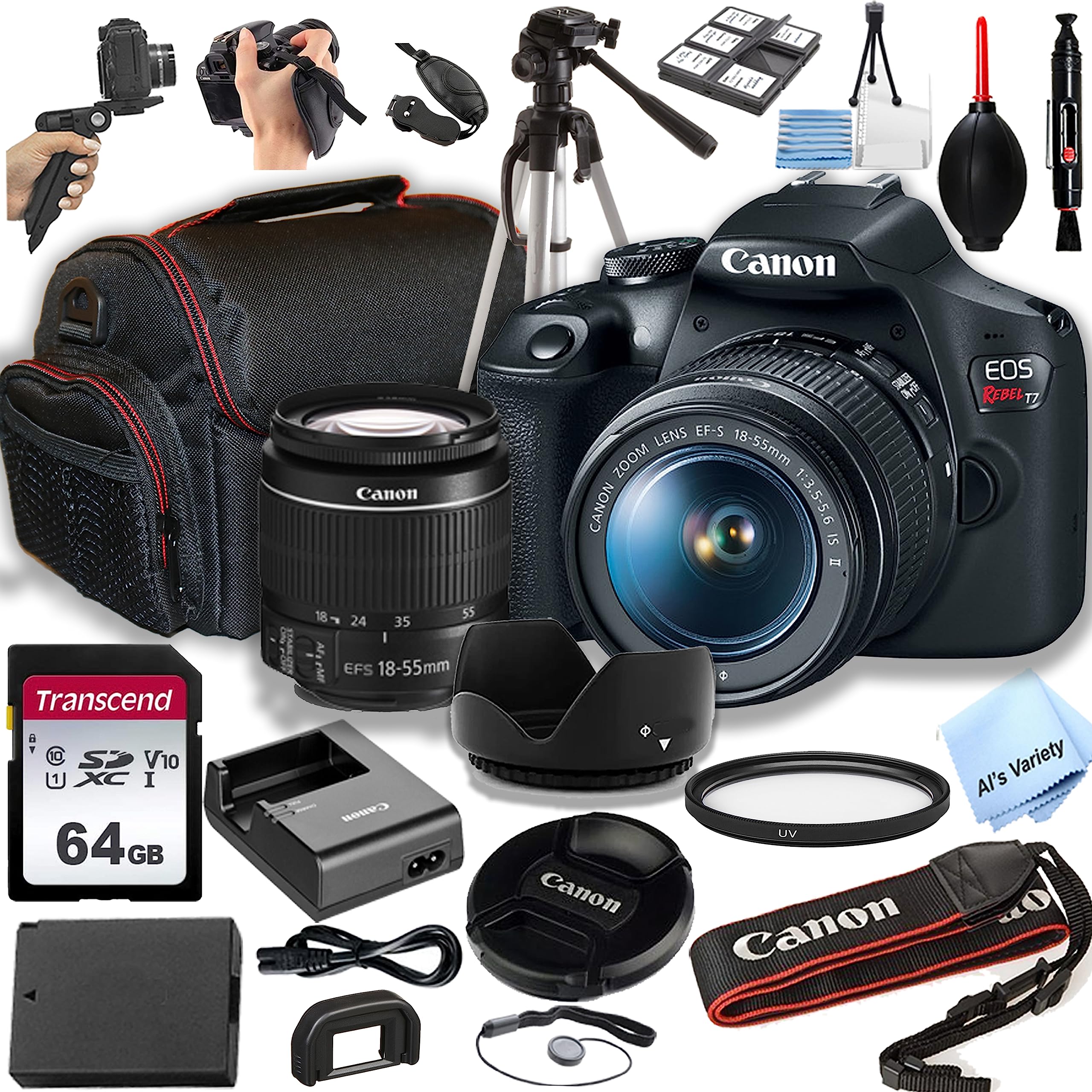 Canon EOS Rebel T7 DSLR Camera w/EF-S 18-55mm F/3.5-5.6 Zoom Lens + 64GB Memory Card, Case, Hood, Tripod, Grip-Pod, Filter, Professional Photo Bundle(24pc)