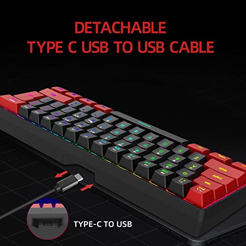 Snpurdiri 60% Wired Gaming Keyboard, True RGB Mini Quiet Ergonomic Water-Resistant Small Keyboard for Work, Gaming,Office (Red-Black)