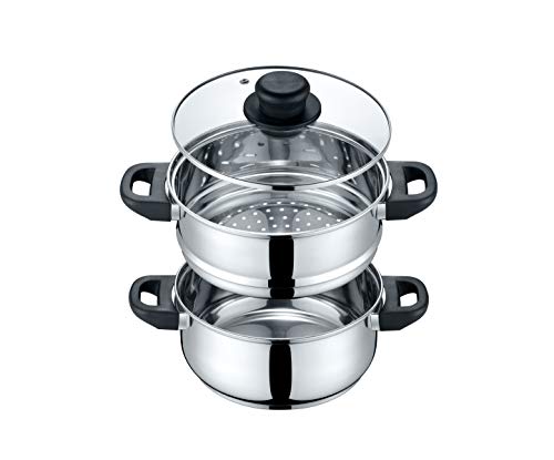 CONCORD 3 Quart Stainless Steel 3 Piece Steamer Cookware Set. Features 2 Quart Veggie Steamer and 3 Quart Cooking Pot with tempered glass lid. (INDUCTION COMPATIBLE)