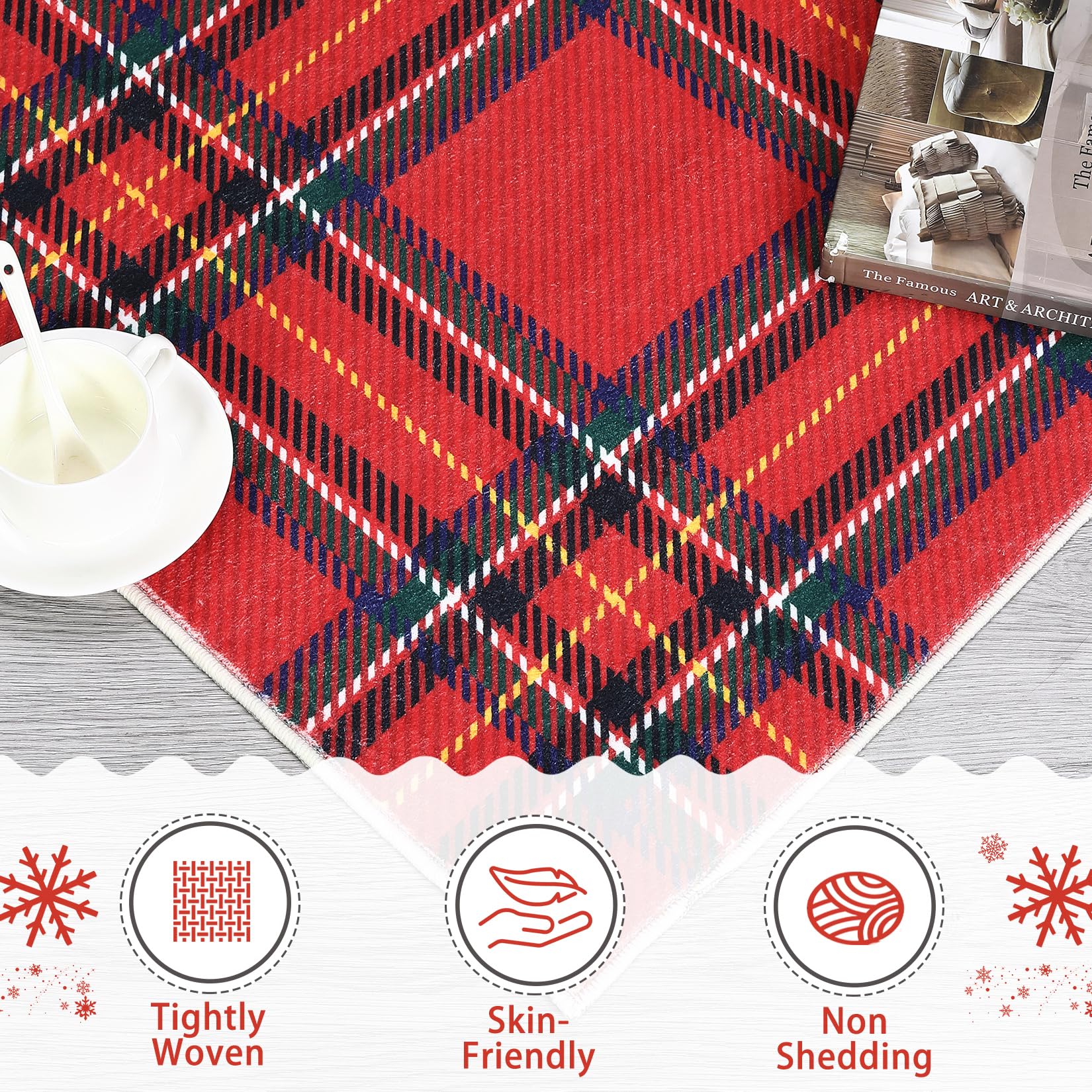 GarveeHome Christmas Runner Rug 2x6 Washable Plaid Area Rug Xmas Decor Pinecone Non Slip Kitchen Rugs Bath Mat Low Pile Entryway Rug Soft Stain Resistant Carpet for Laundry Entance Border|Red 2'x6'