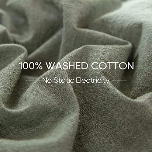 OS OMYSTYLE Sage Green Duvet Cover Queen Size 100% Washed Cotton Linen Like Textured for All Seasons, 3 Pieces Ultra-Soft Solid Color Bedding Set with Zipper Closure, 1Pc Duvet Cover 2Pcs Pillowcases