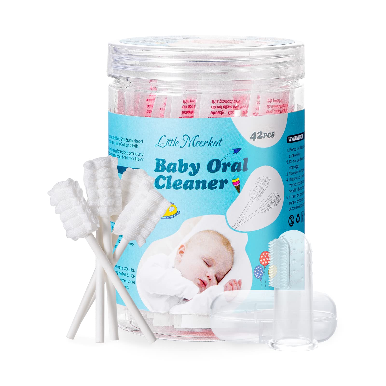 Little Meerkat 42 Pcs Disposable Baby Toothbrush for Infant & Newborn | Milk Stains & Tooth Decay | Baby Tongue Cleaner with FFS & 5-Layer Cotton Swab | 0-12 Month Baby Teething & Oral Care Cleaner