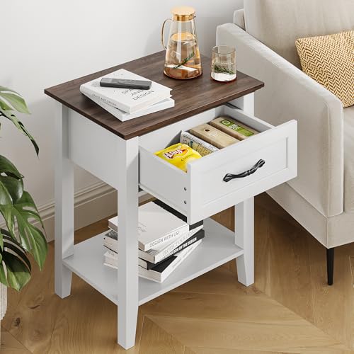 GarveeHome Nightstands, End Table with Drawer, Side Table for Living Room, 2 Tiers Storage Shelves Bedside Table for Study Room, Bedroom, Dorm, 2pcs-White