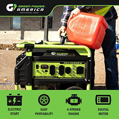 Green-Power America Portable Generator 13000 Watt,Gasoline Powered,Recoil/Electric Start, 12V-8.3A Charging Outlets, Home Back Up & RV Ready