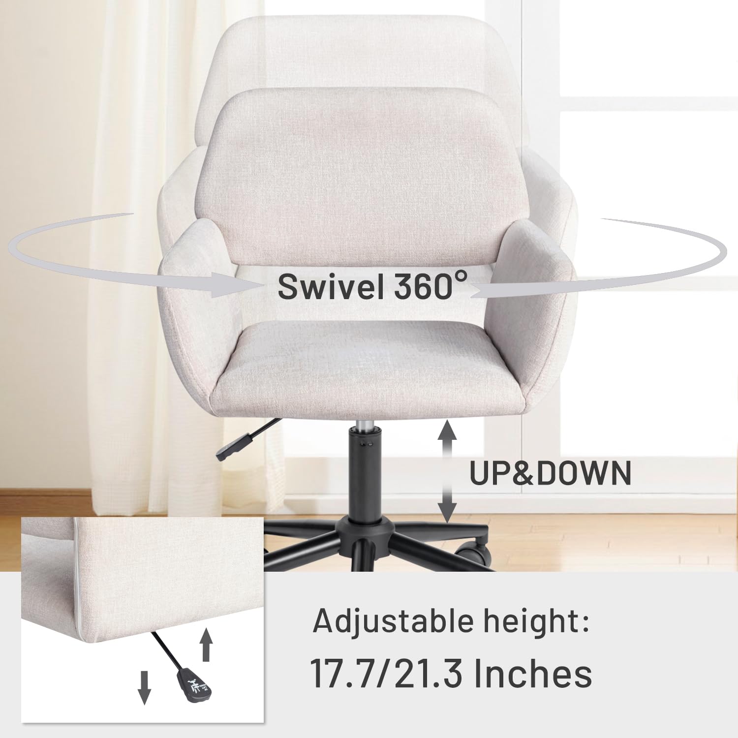 FurnitureR Home Office Chair, Mid Back Fabric Upholstered Vanity Desk Chairs with Rolling Wheels, Adjustable Study Chair Task Chair for Living Room, Bedroom, Small Spaces - Beige