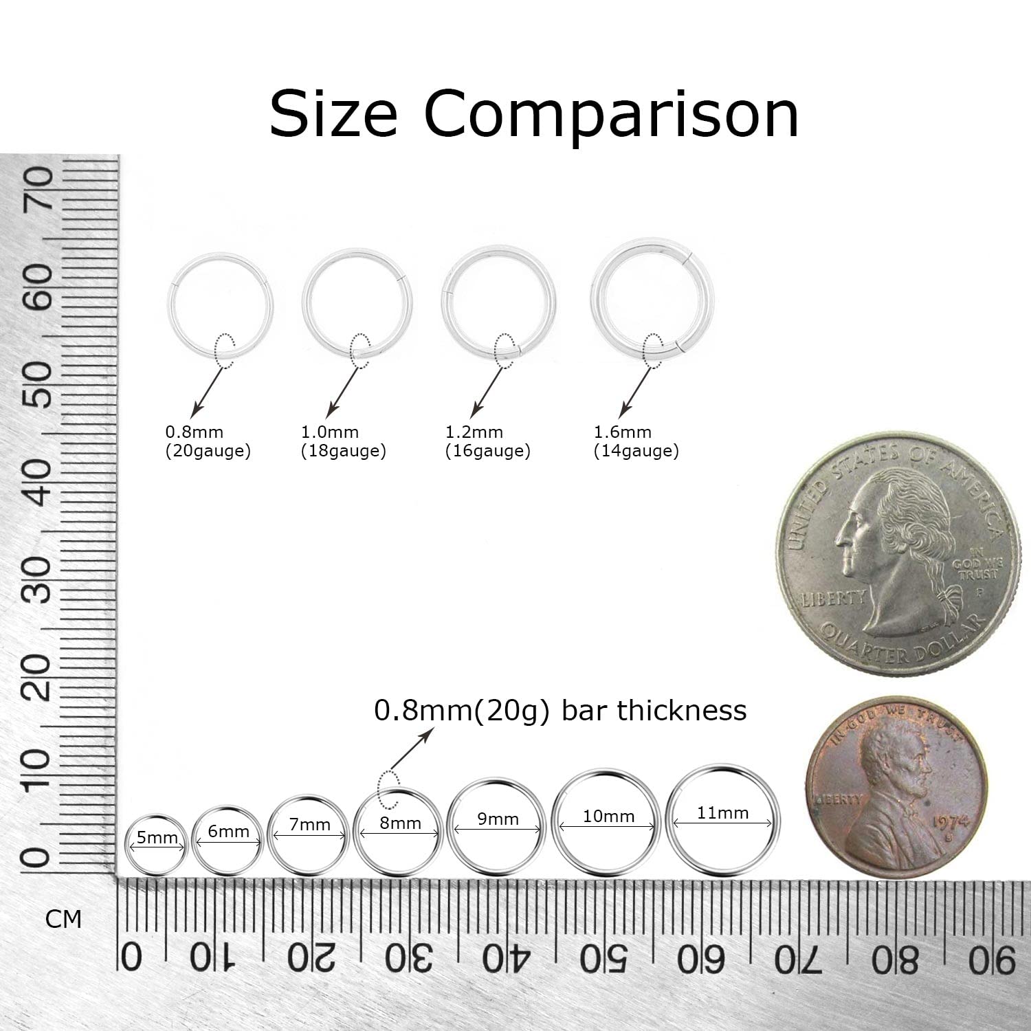 NewkeepsR 3PCS-0.8mm(20g) Nose Hoop Seamless Small Tiny Rings, 316L Steel Hinged Clicker Segment Cartilage Tragus Earrings-5/6/7mm