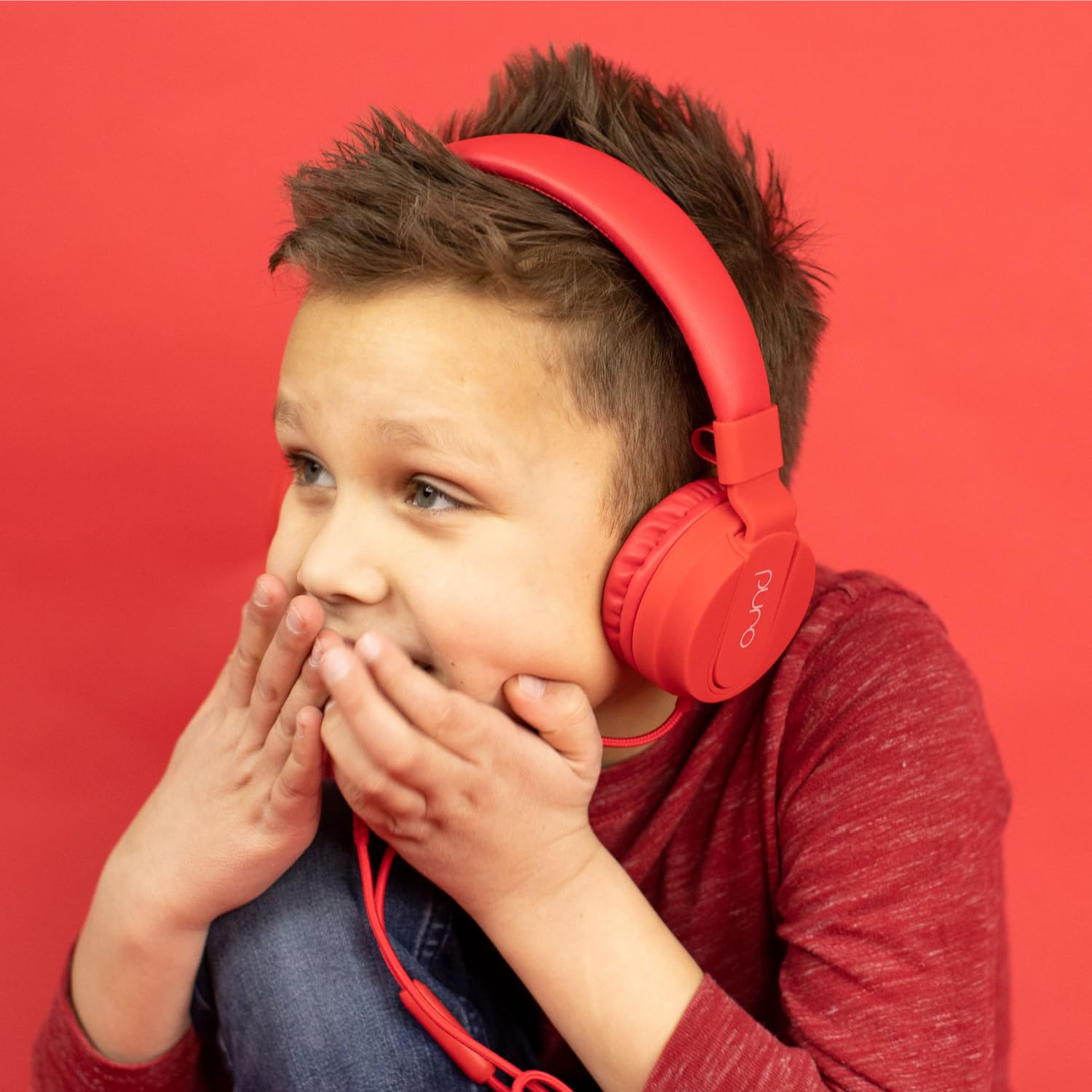 Puro Sound Labs PuroBasic Volume Limiting Wired Headphones for Kids, Foldable & Adjustable Headband w/Microphone, Compatible with Smartphones, Tablets and PC’s –Red