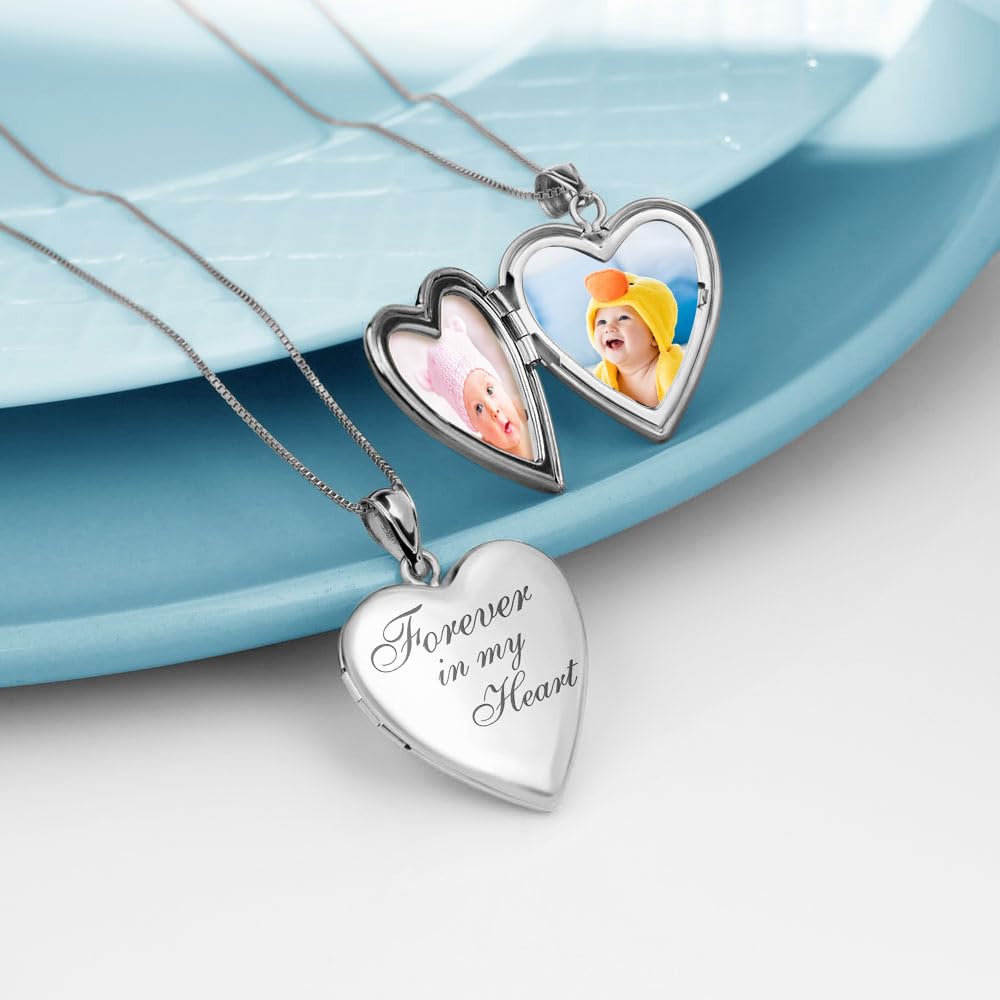 PicturesOnGold.com Forever in My Heart Locket Necklace for Women That Hold Pictures & Engraving in Personalized Sterling Silver (Locket + 1 Photo).