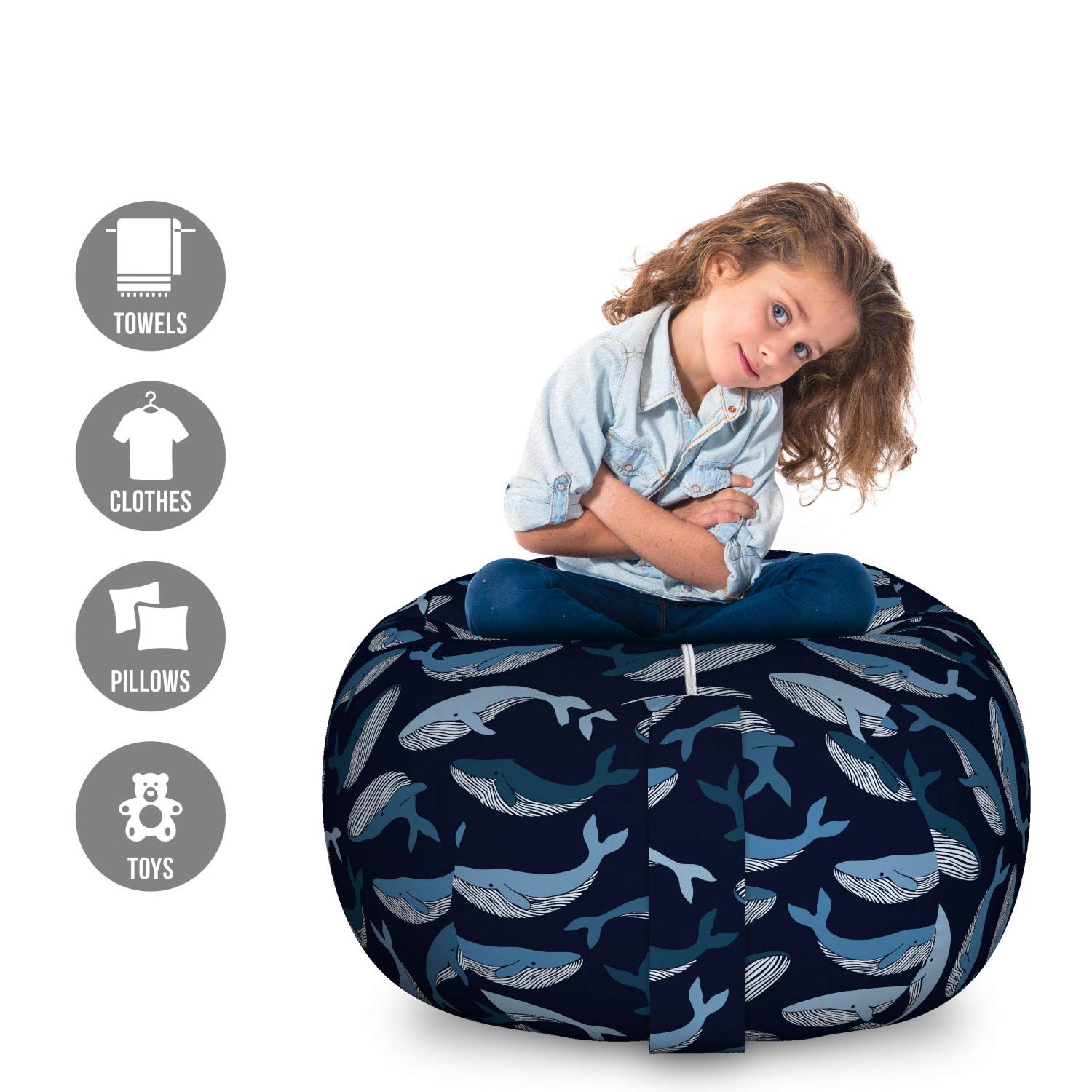 Lunarable Whales Storage Toy Bag Chair, Doodle Pattern with Ocean Mammals Nature Theme on Dark Background, Stuffed Animal Organizer Washable Bag, Large Size, Pale Blue