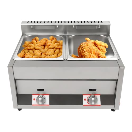 Gas Deep Fryer,12L Commercial Stainless Steel Gas Deep Fryer Food Warmer with 2 Tanks And Lids,Energy-Saving Deep Countertop Gas Fryer for Supermarkets,Hotels,Canteens,Temperature Control: 50~380 ℃