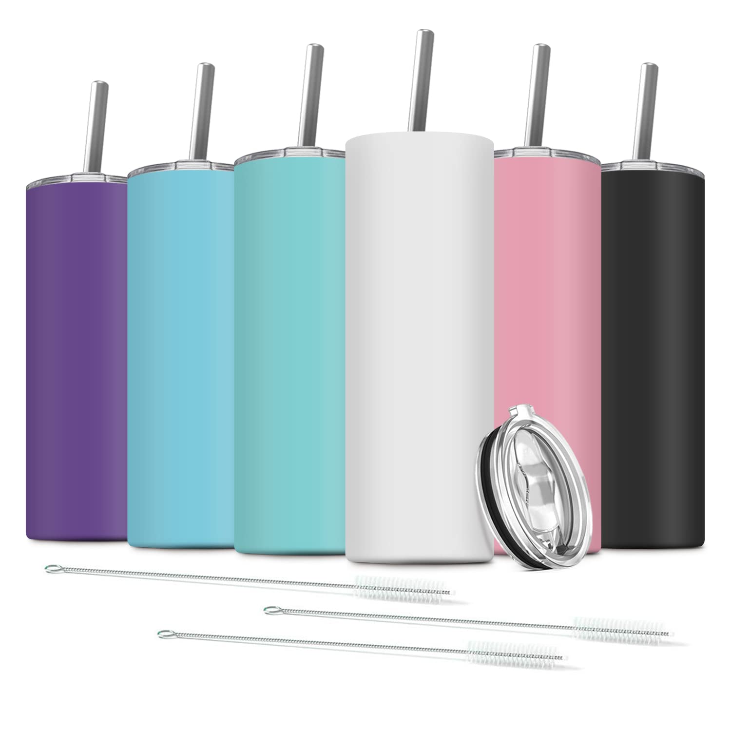 Deitybless 6 Pack Stainless Steel Skinny Tumbler, 20 OZ Double-Insulated Water Tumbler Cup with 6 Straw and 3 Brush, Vacuum Travel Mug Gift for Hot Cold Drinks with Cleaning(Assorted Colors)