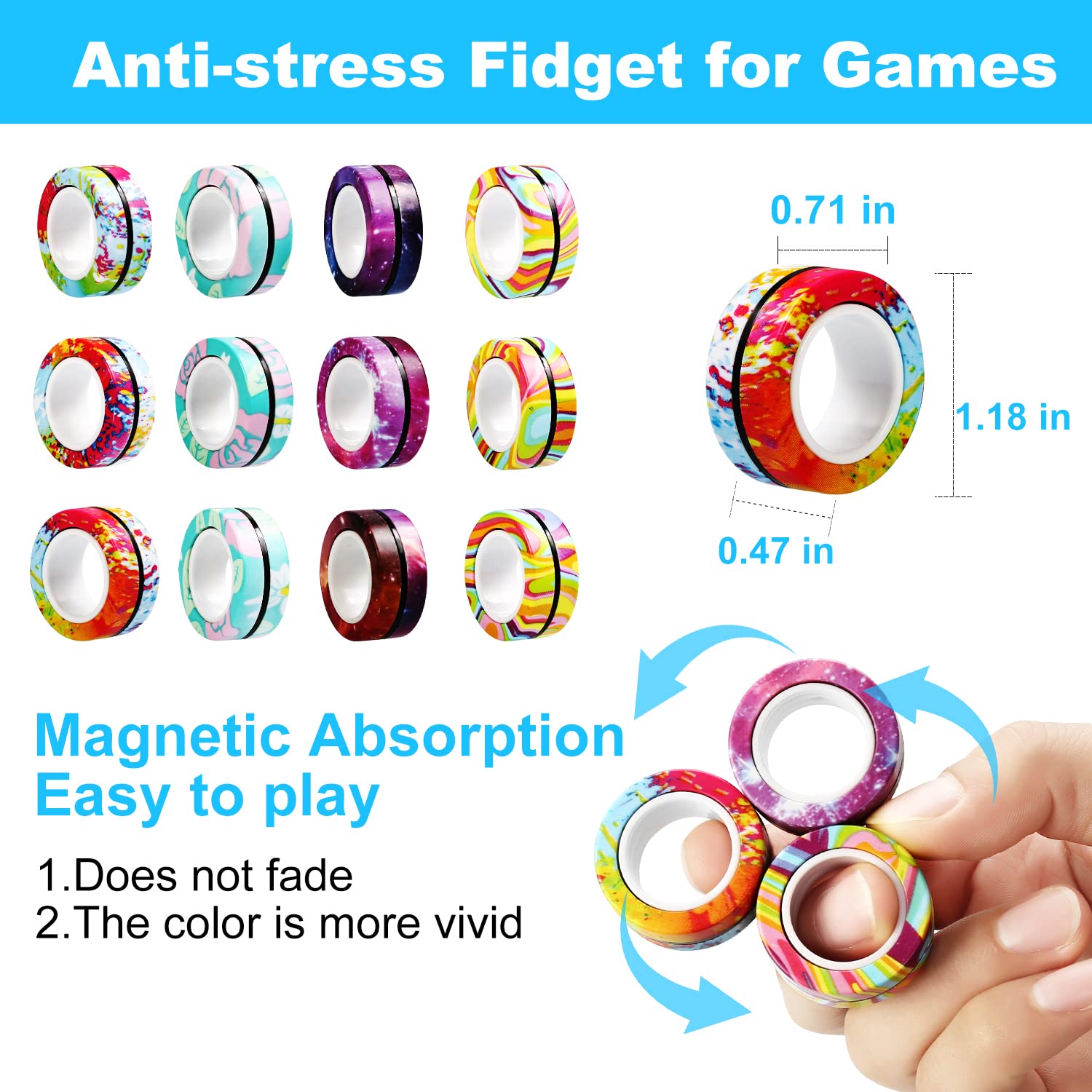 Pushmick 9 Pcs Finger Magnetic Rings Fidget Toys, Colorful Magnet Rings, Great Fidget Rings for Training Relieves Reducer Autism Anxiety.