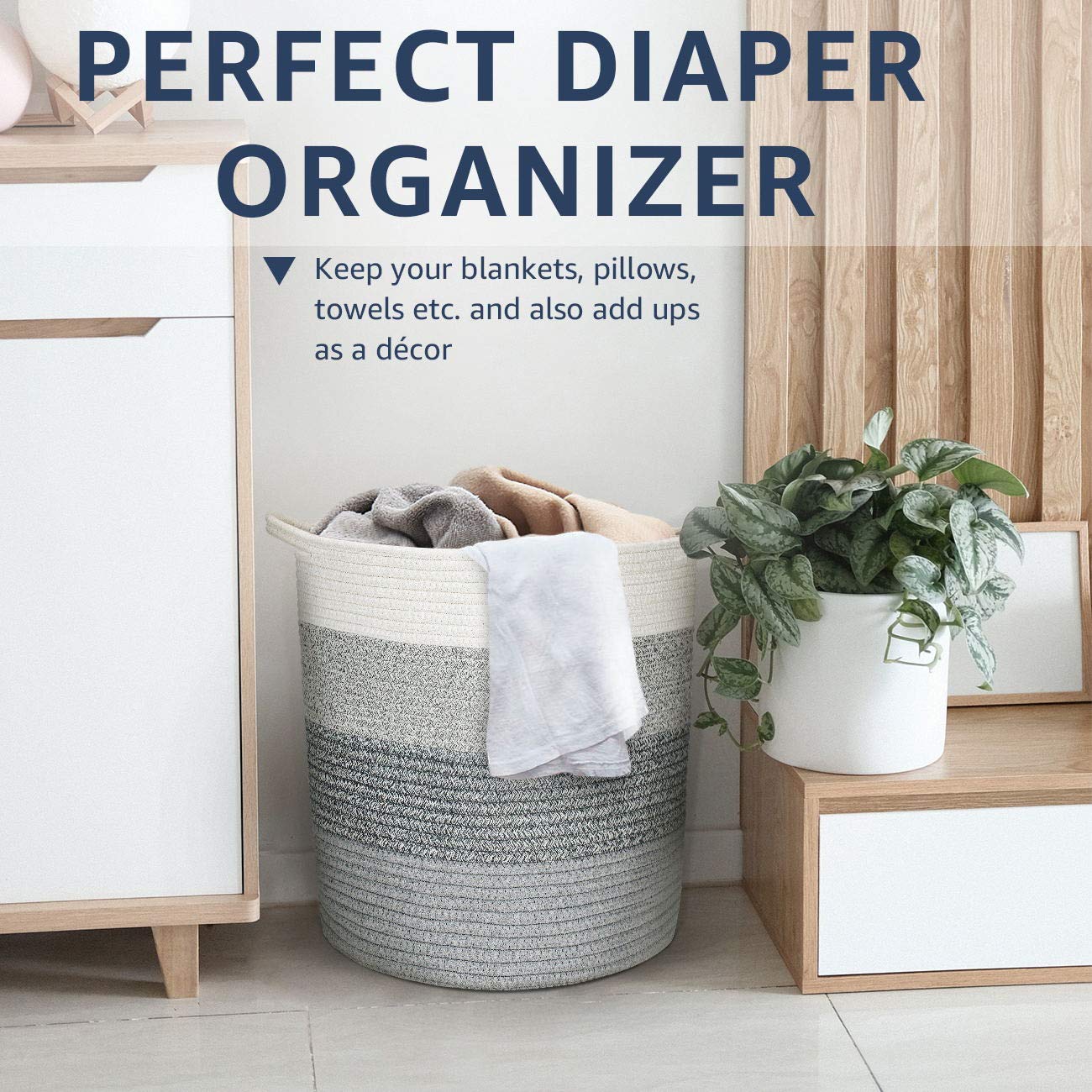 COSYLAND Large 15.7βx15.7βx10β Storage Laundry Basket Woven Cotton Rope Organizer for Blanket Toys Towels Baby Nursery Hamper Bin with Handle