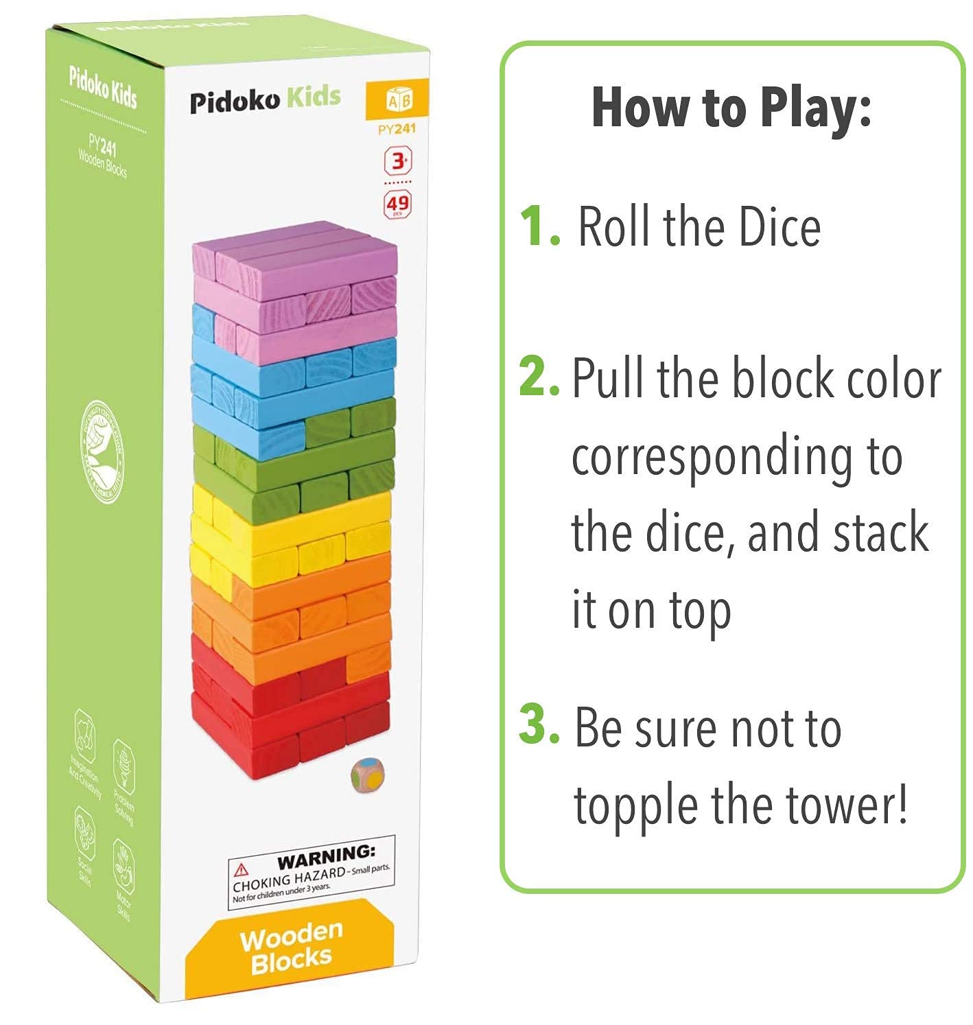 Pidoko Kids Wooden Stacking Building Blocks (49 Pcs) - Colorful Tumbling Blocks Board Games for Family Game Night - Montessori Toys Gifts, includes Storage Bag