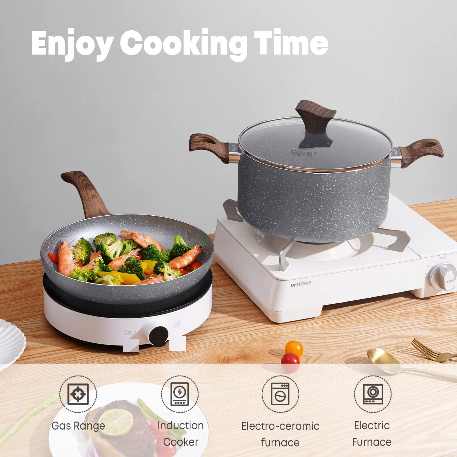 Cyrret Pots and Pans Set, Nonstick Cookware Set - 10 Pieces Granite Kitchen Cookware Sets, Induction Compatible Cooking, Dishwasher and Oven Safe, PFOA Free