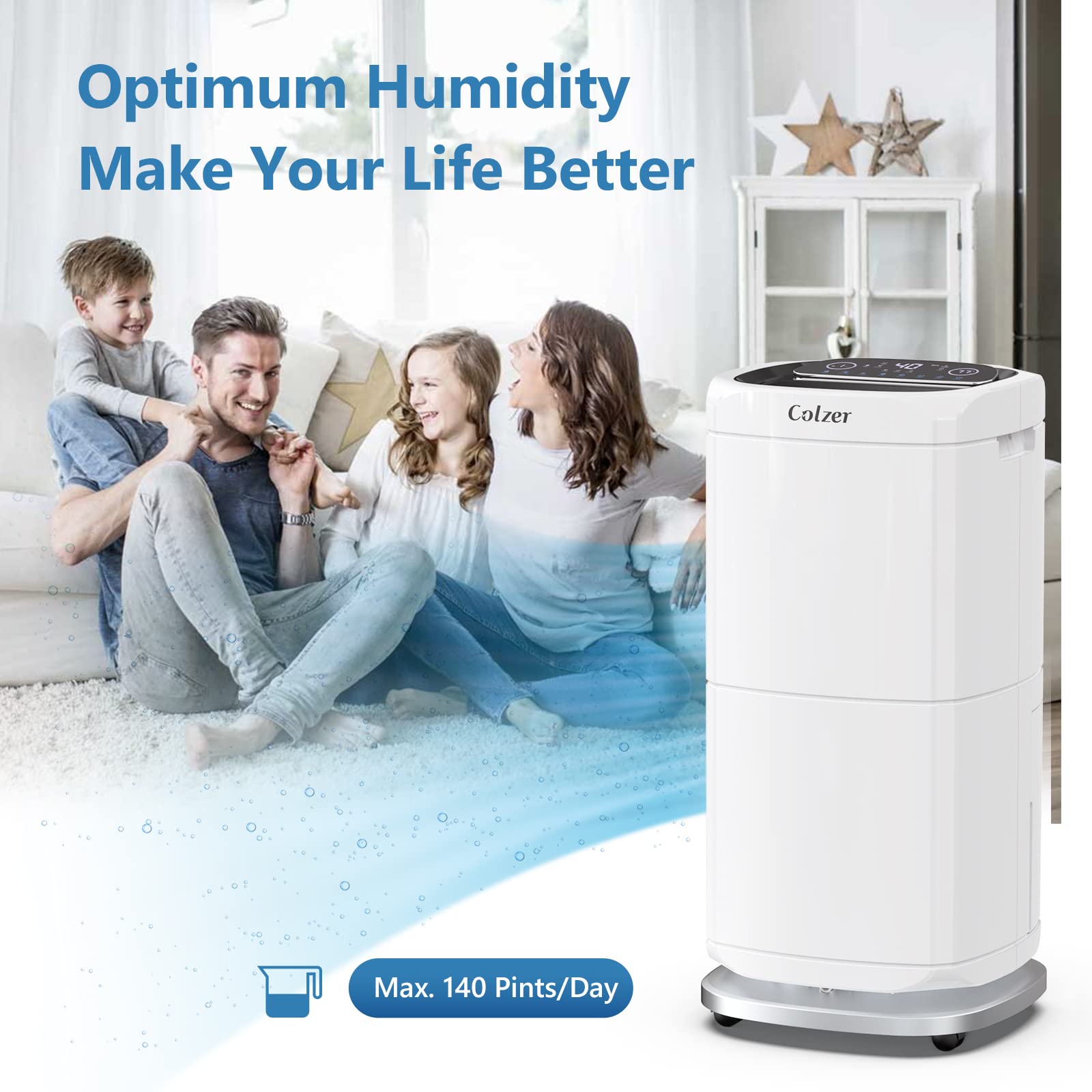COLZER 140 Pints Commercial Dehumidifier for 6,000 Sq Ft Basements and Large Rooms with Continuous Drain Hose, 2.1 Gallons Water Tank, Advanced Touchpad Control Panel1