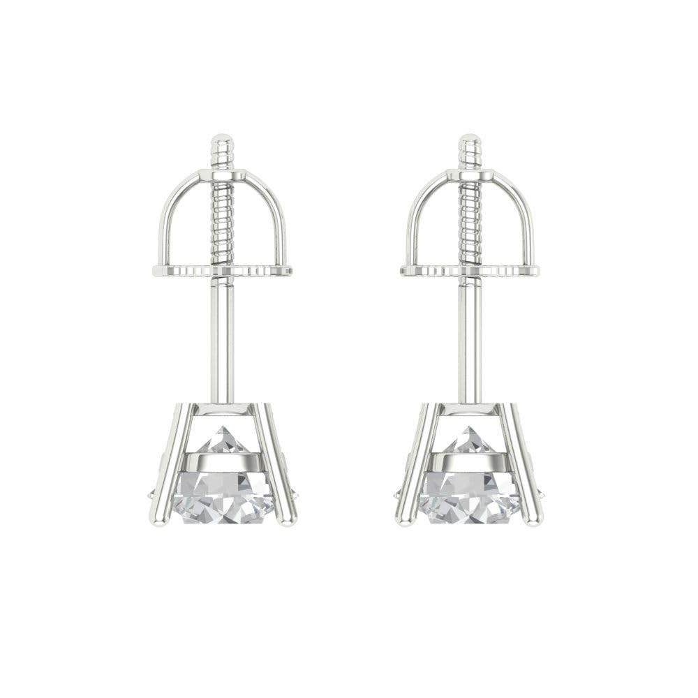 Clara Pucci 1.0 ct Brilliant Round Cut Solitaire Genuine VVS1 Moissanite Pair of Stud Earrings Solid 18K White Gold Screw Back