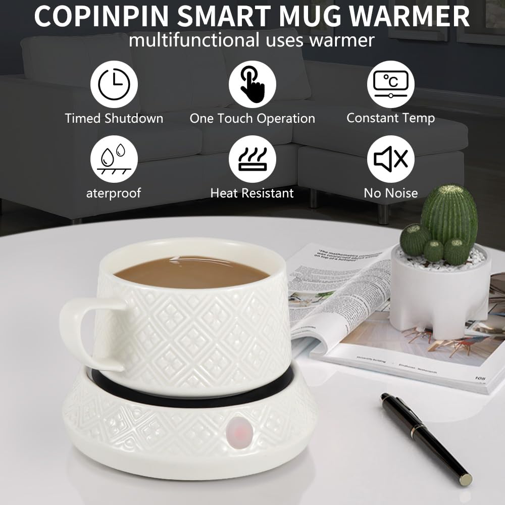 Ceramic Coffee Mug Warmer Set, Electric Candle Wax Warmer, Coffee Warmer for Desk, 3 Timed Thermos Setting for Heating Coffee, Beverage, Milk, Tea and Hot Chocolate-Birthday Gifts(with Cup)