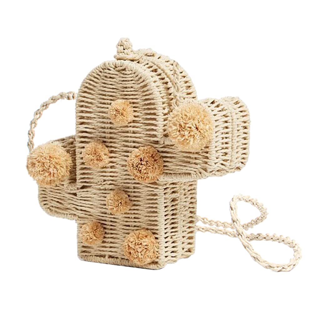 NIBD Beach Bag Cactus Straw Bag Summer Bags with Pom Pom Women Messenger Handbag Braided New Rattan Bag, Beige, 7.5"*7.5"*2.4"