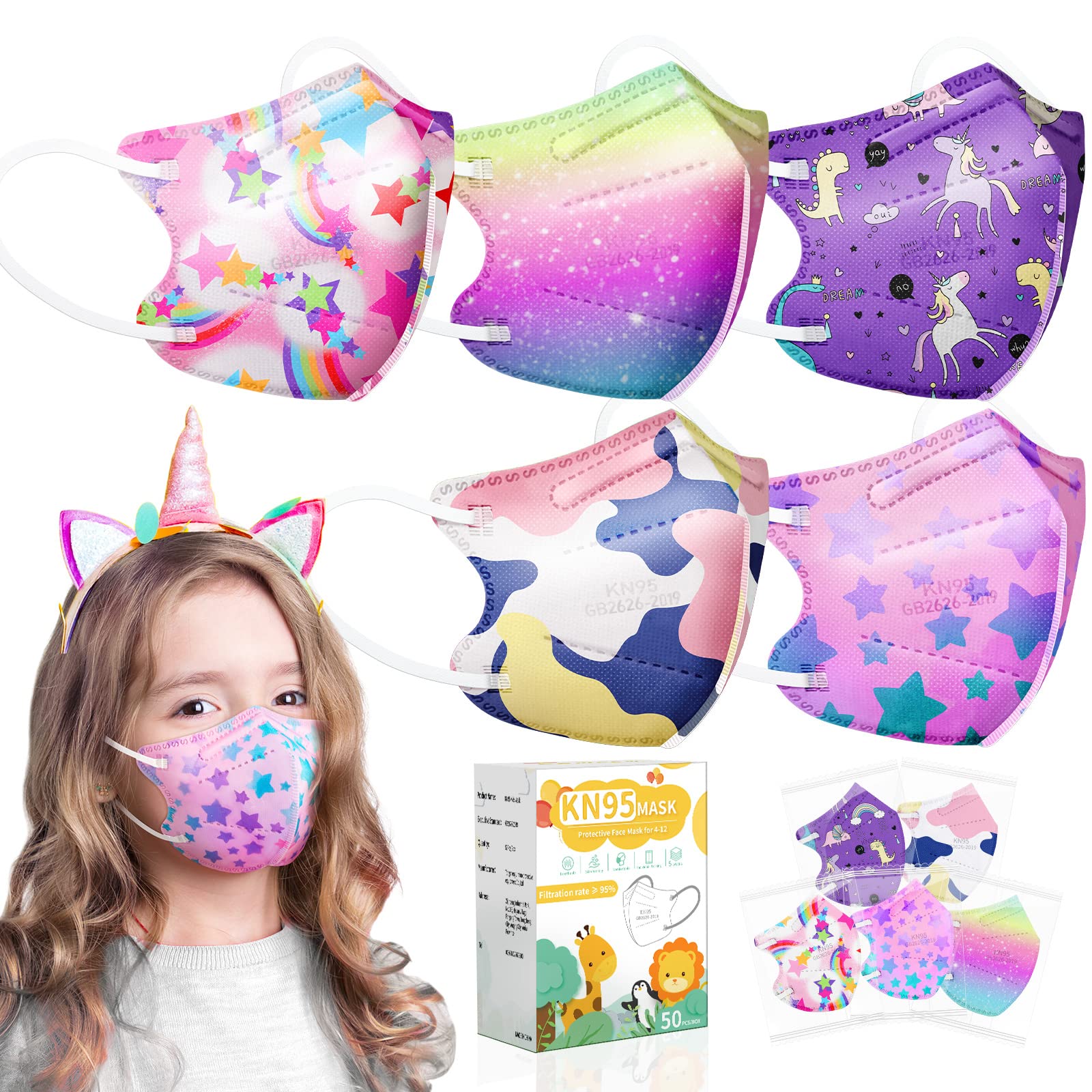 FENFEN Kids KN95 Face Mask Disposable - 50 Pack KN 95 Kid Masks Children Small Size Breathable Girls Kids KN95 Unicorn Mask Mascaras KN95 Para NiĂąos